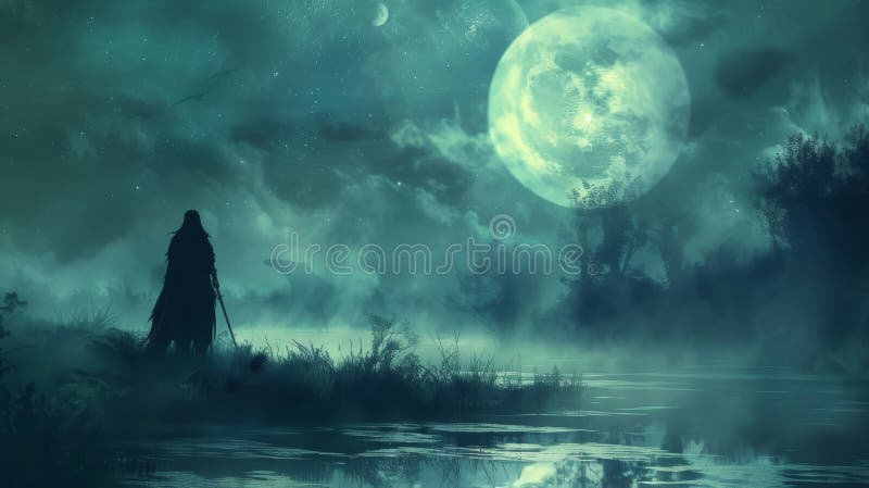 Hydras Lurking in a Swamp a Hero Preparing for Battle Under a Full Moon ...