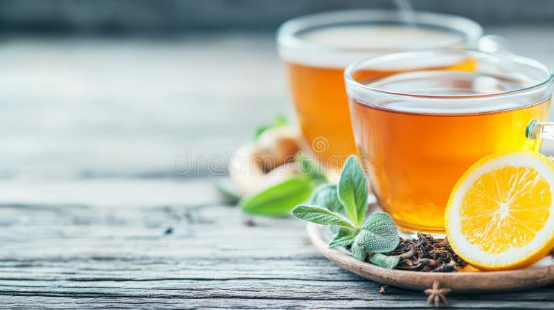 Hydrating Herbal Teas on a Rustic Table, Merging the Soothing Effects ...