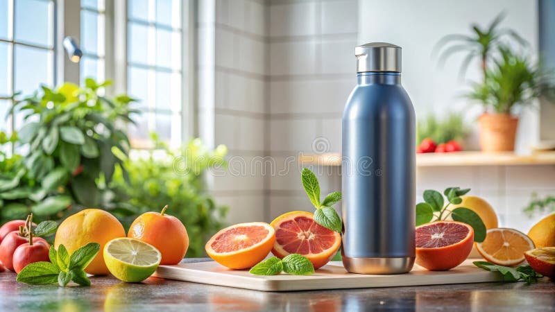 Hydrating Refreshment a Sleek Water Bottle beside a Colorful Array of ...
