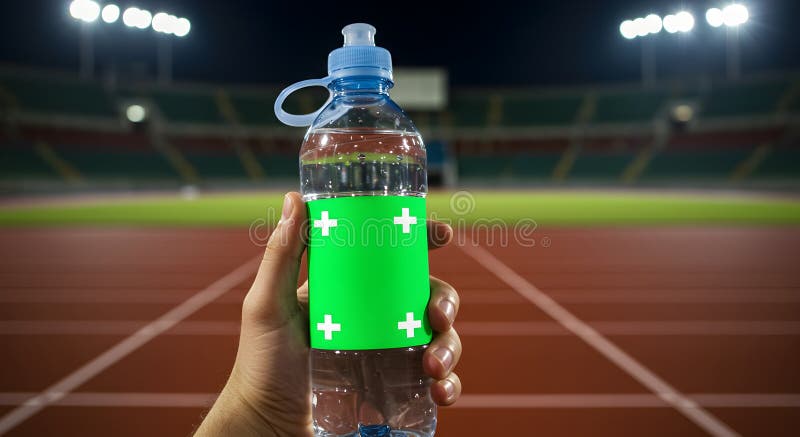Hydration Break on Athletic Track: Refreshing Water Bottle with Green ...