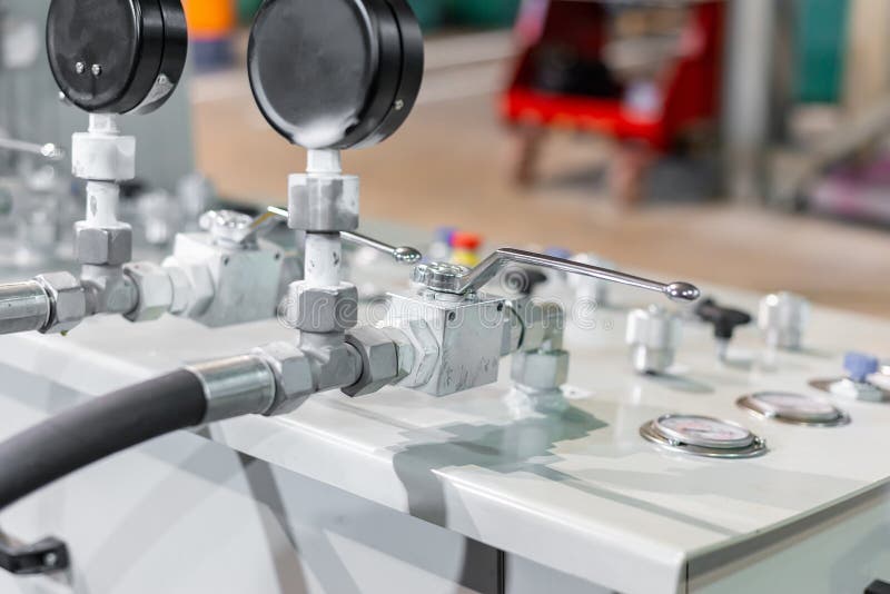 Hydraulic Feed Control System with Tap and Pressure Gauge Stock Photo ...