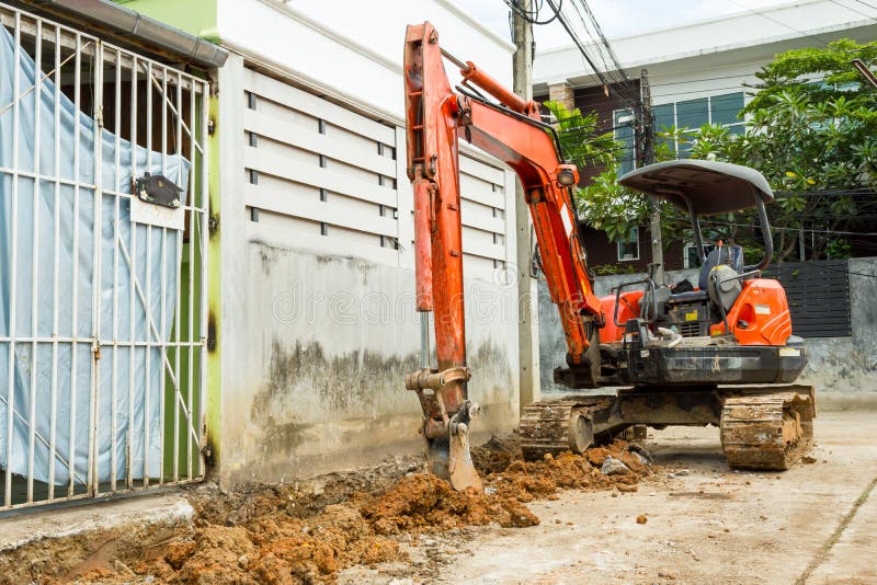 Digging Road before Install Pipe Water. Excavation Water Drainage at ...