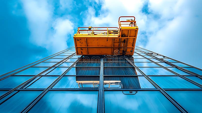 Hydraulic Lift Platform is Elevated Against Modern Glass Building ...