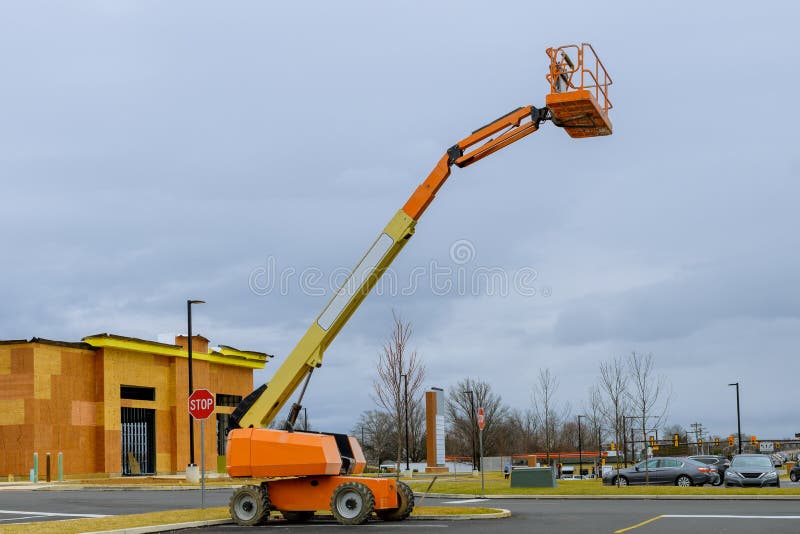 Hydraulic System Elevated Platform at High in a Boom Lift Crane Stock ...