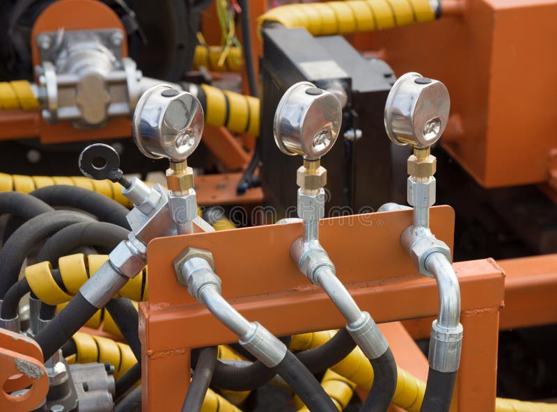 Hydraulic Tubes, Fittings and Levers on Control Panel Stock Image ...