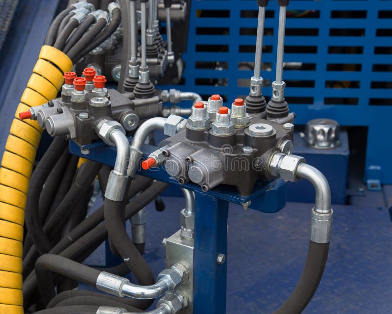 Hydraulic Tubes, Fittings and Levers on Control Panel Stock Image ...