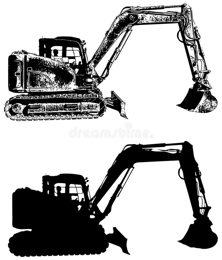 Hydraulische Graafmachine in Silhouet En Schets Vector Illustratie ...