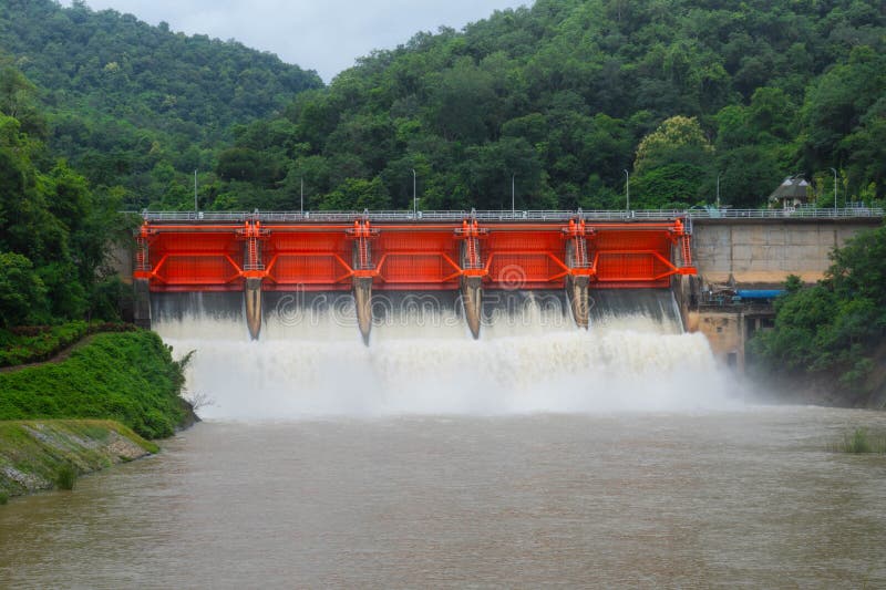 Hydro Dam Structure with Open Gates Releasing Muddy Flood Water Stock ...