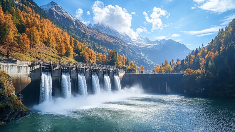 A Hydroelectric Dam with Cascading Water in a Scenic Mountain Valley ...