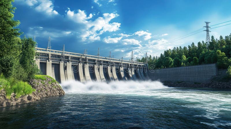 Hydroelectric Dam Generating Power with Water Flow Stock Illustration ...