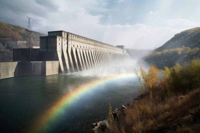 Hydroelectric Dam with a Rainbow Appearing in the Spray Stock ...