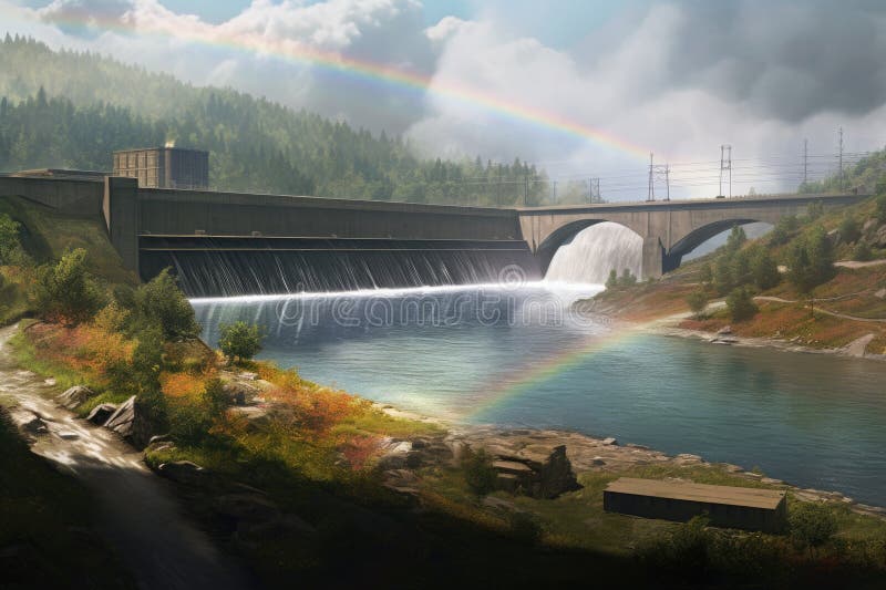 Hydroelectric Dam with a Rainbow Appearing in the Spray Stock ...