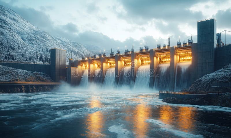 Hydroelectric Dam Releasing Water with Dramatic Lighting and ...