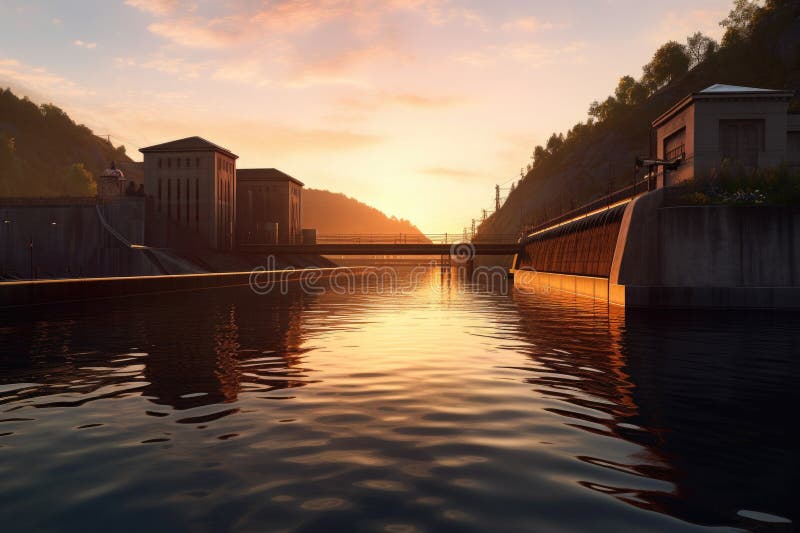 Hydroelectric Dam at Sunset with Calm Water Stock Illustration ...