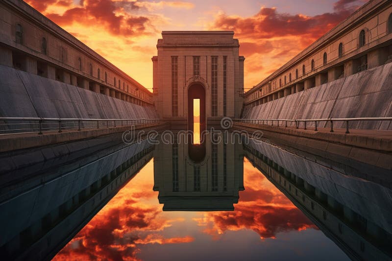 Sunset Reflecting Off a Hydroelectric Dams Reservoir Stock Photo ...