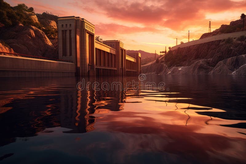 Hydroelectric Dam at Sunset Reflecting on Water Stock Illustration ...