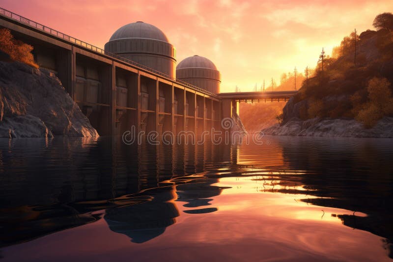 Hydroelectric Dam at Sunset Reflecting on Water Stock Illustration ...