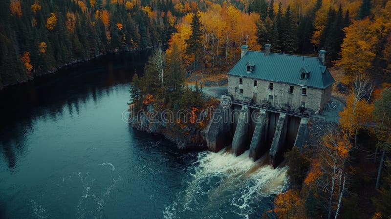 Hydroelectric Dam Surrounded by Autumn Trees that Uses the Flow of ...