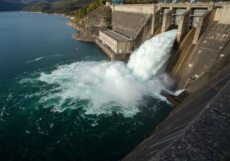 Hydroelectric Dam Water Release Over Concrete Structure Stock ...