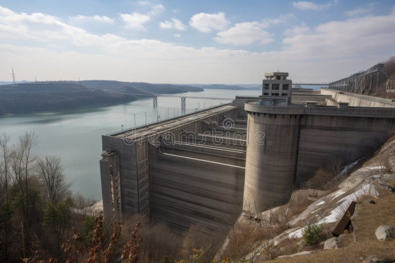 Hydroelectric Power Plant with a Barrage, or Dam, and View of the ...