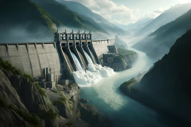 A Hydroelectric Power Station on a Mountain River Stock Illustration ...