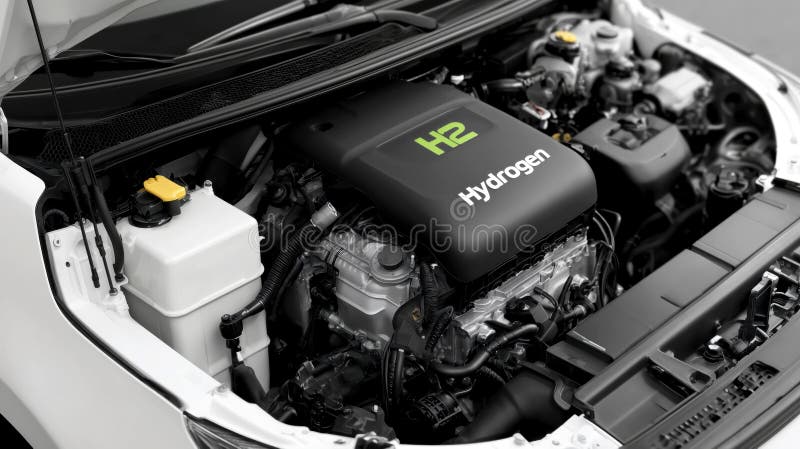 Hydrogen Engine in Car with H2 and Hydrogen Labels, Showcasing Eco ...