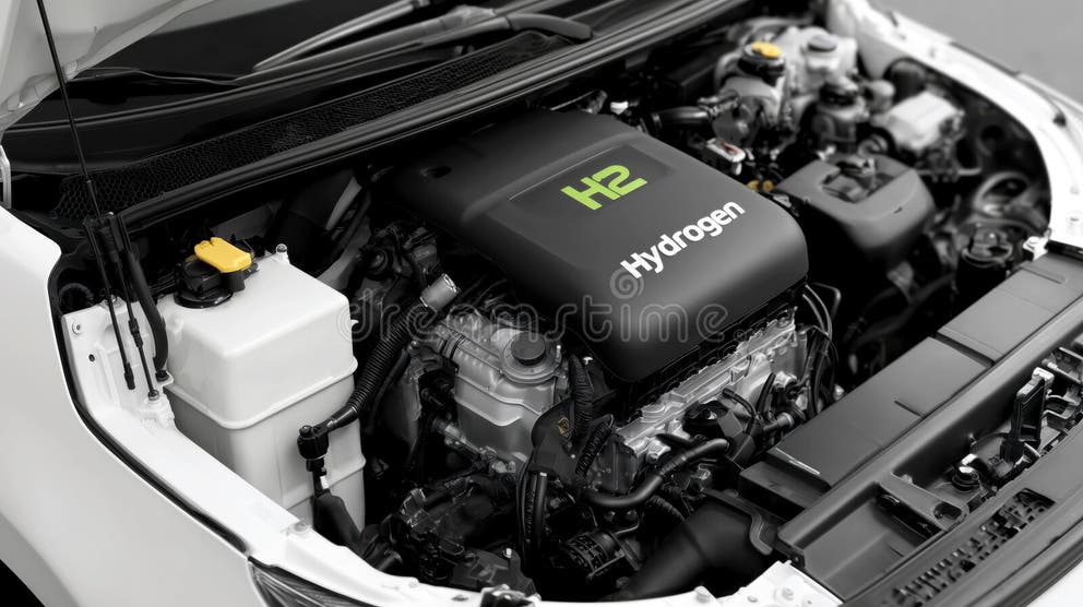 Hydrogen Engine in Car with H2 and Hydrogen Labels, Showcasing Eco ...