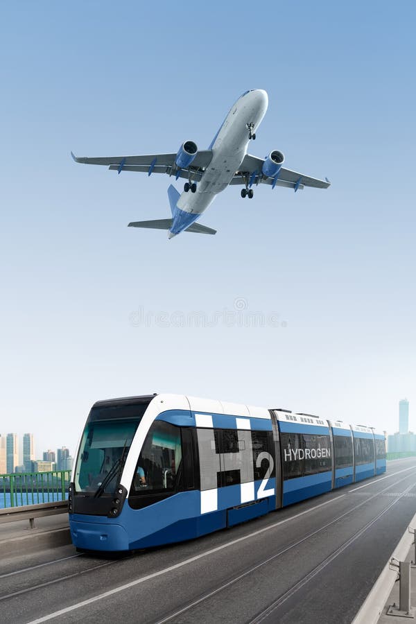 A Hydrogen Fuel Cell Tram and Plane in the Sky. Stock Image - Image of ...