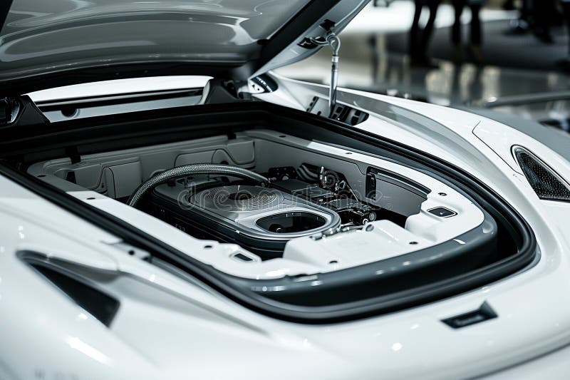 Hydrogen Fuel Cell Vehicle with Open Hood Revealing Engine Components ...