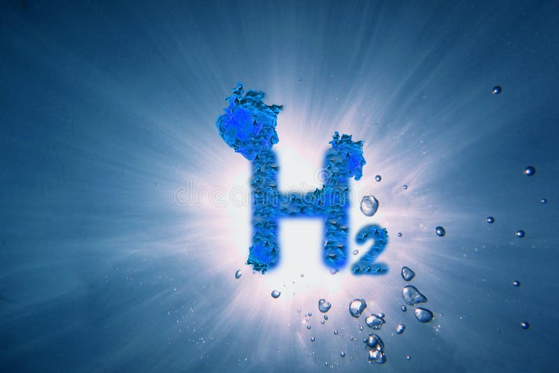 Hydrogen H2 Letters with Blue Fire and Sun with Bubbles Stock Photo ...