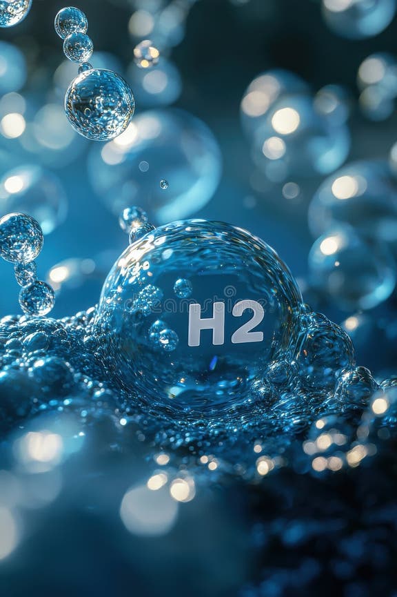 Hydrogen Molecule Schematic with Water Bubbles and Blue Background ...