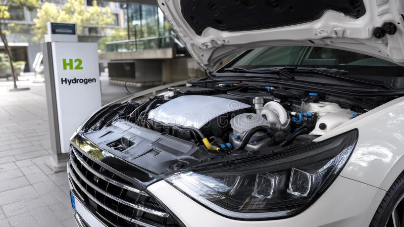 Hydrogen Powered Car with Open Hood Showcasing Engine Near H2 Station ...