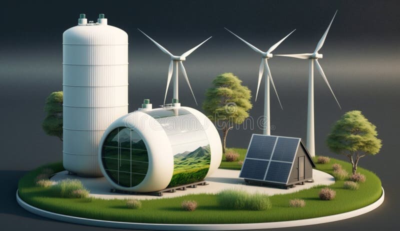 Image of a Hydrogen Storage Tank on a Hill with Turbines and Solar ...