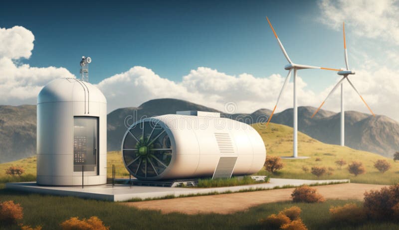 Image of a Hydrogen Storage Tank on a Hill with Turbines and Solar ...
