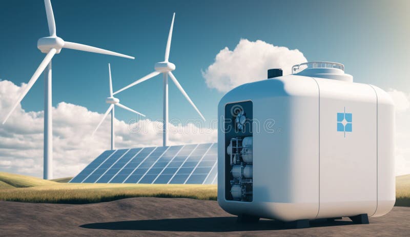 Image of a Hydrogen Storage Tank on a Hill with Turbines and Solar ...