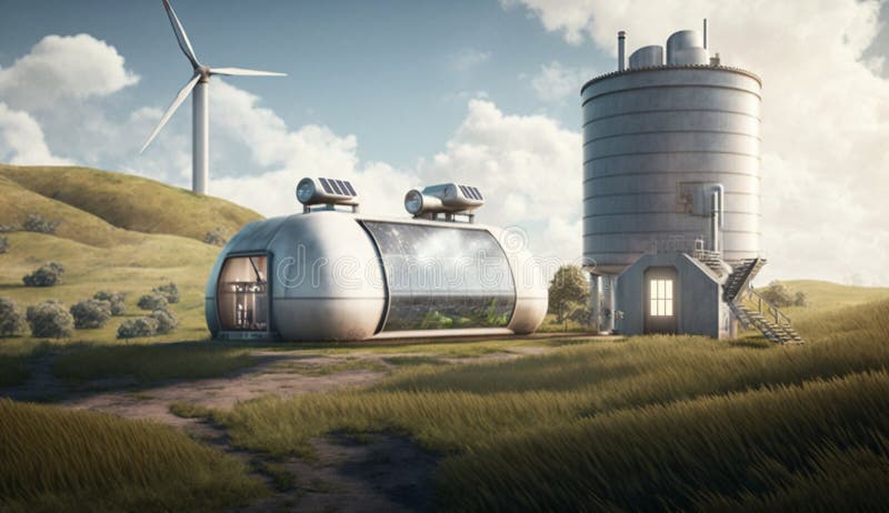 Image of a Hydrogen Storage Tank on a Hill with Turbines and Solar ...