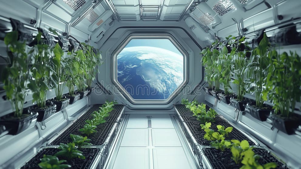Hydroponic Farm Growing Inside a Spaceship with Earth Visible through ...