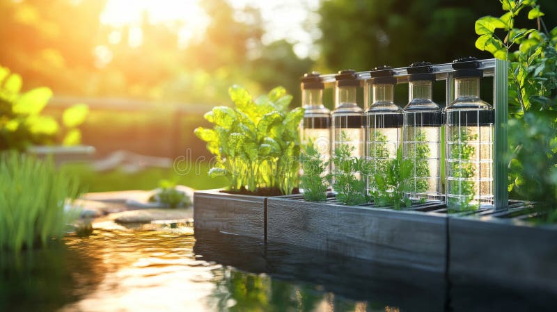 Hydroponic Herb Garden at Sunset: Lush Green Plants in a Water Feature ...