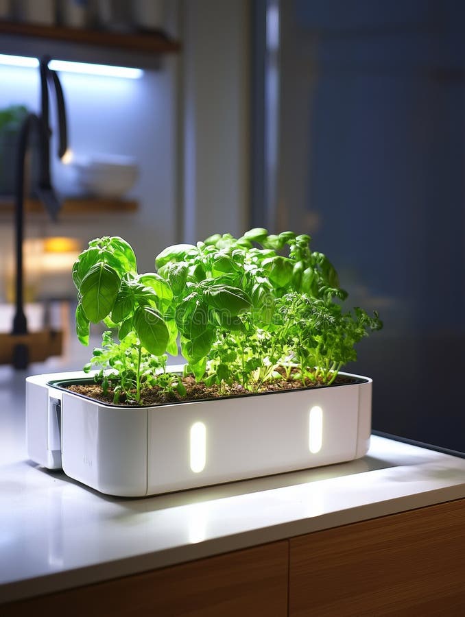 Hydroponic Herb Garden Thriving in a Modern Kitchen with Ambient ...