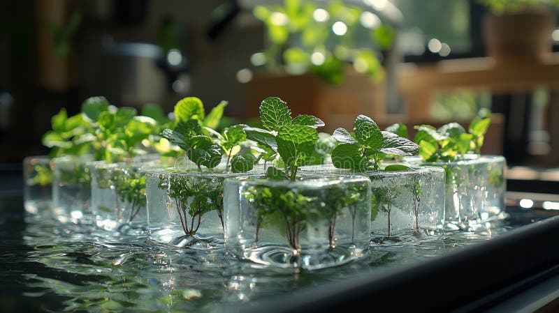 Hydroponic Setup Features Fresh Mint Plants Growing in Clear Containers ...