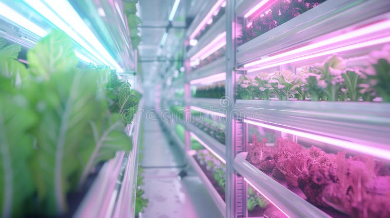 A Hydroponic Vertical Farm Featuring Rows of Plants Under Colorful LED ...
