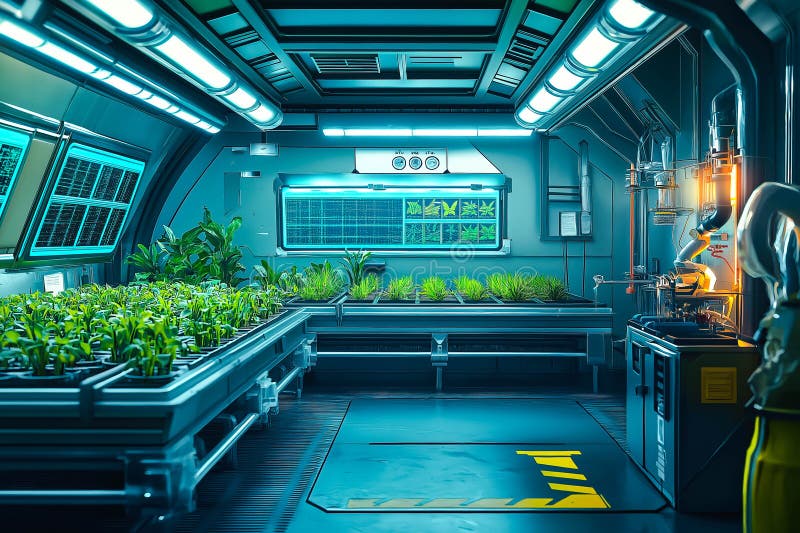Hydroponics Lab Room on Spacecraft. Organic Laboratory Scientists and ...