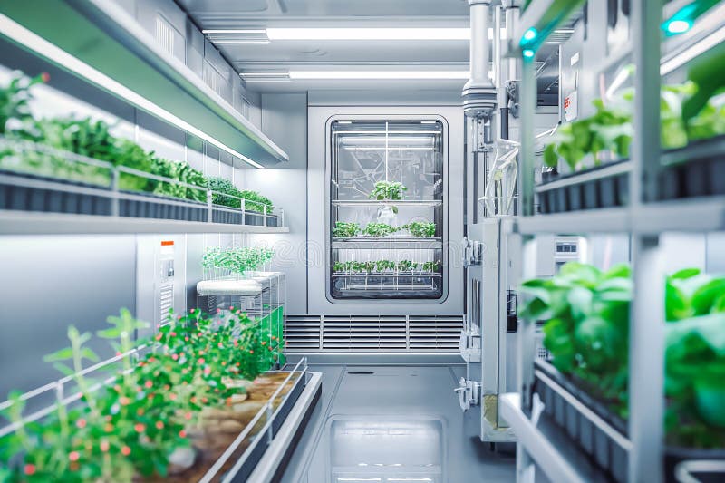 Hydroponics Lab Room on Spacecraft. Organic Laboratory Scientists and ...