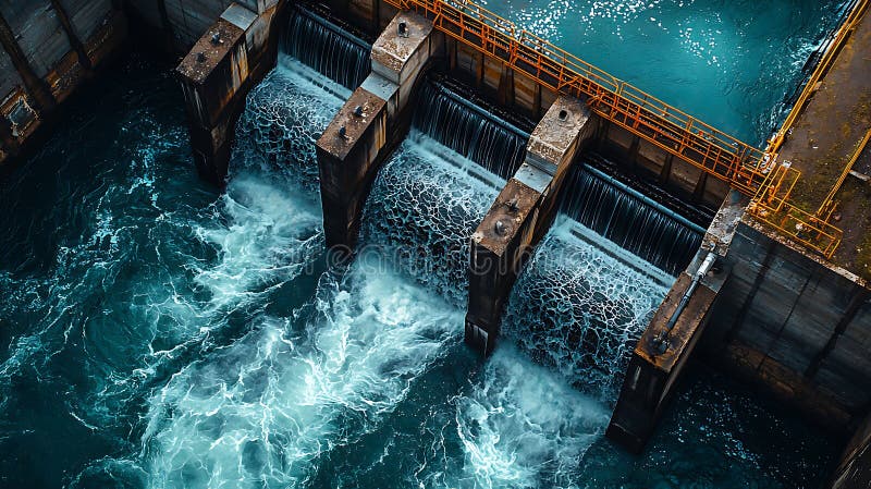 Hydropower System with Flowing Water and Dam Structure, Showcasing ...