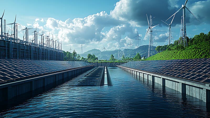 Hydropower Systems Integrated with Solar Panels and Wind Turbines Stock ...
