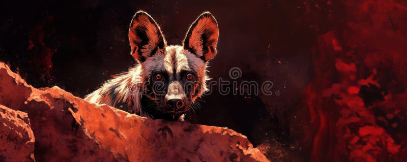 Hyena Peering from Rocky Ledge with Dramatic Red Background and Intense ...