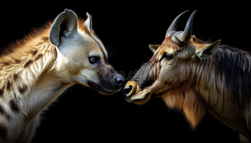 Hyena and Wildebeest Face Off Wildlife Portrait, Dramatic Lighting on ...