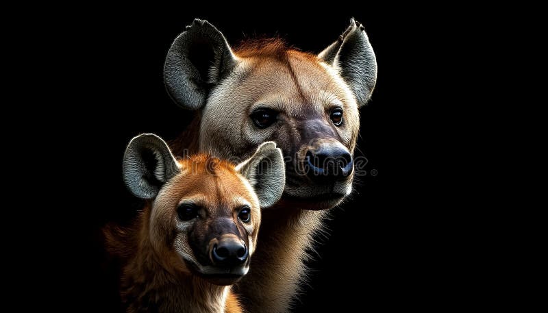 Hyenas Portrait, Two Spotted Hyenas in Close Proximity on a Black ...