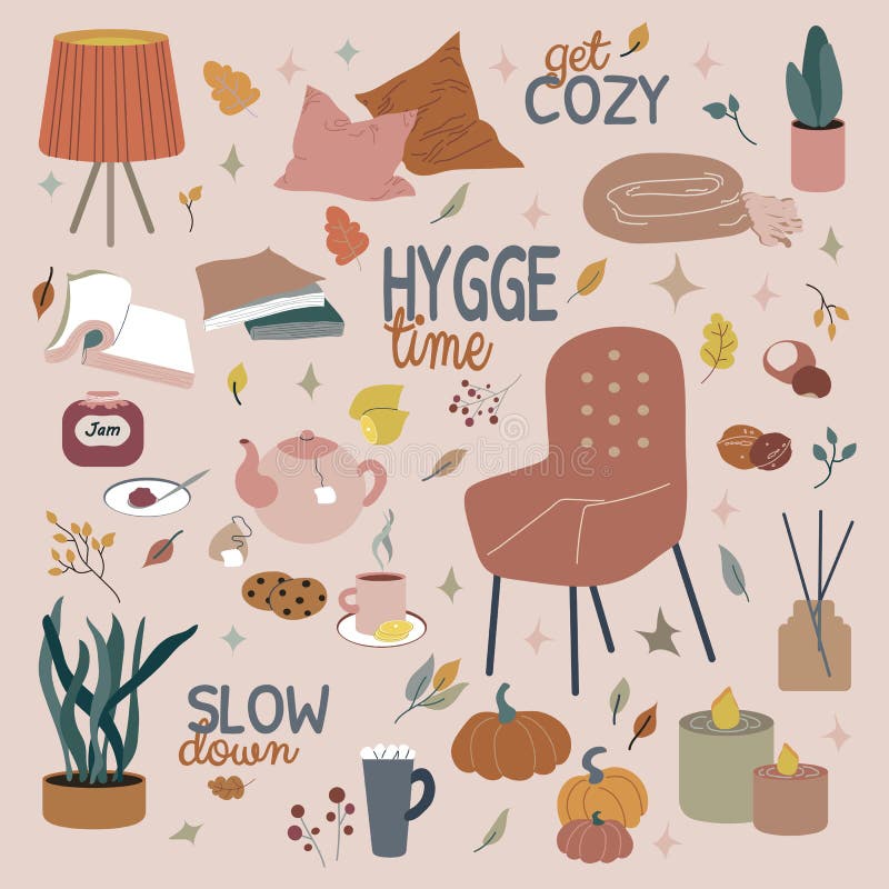 Hygge Time Autumn and Winter Set Vector Illustration Stock Vector ...