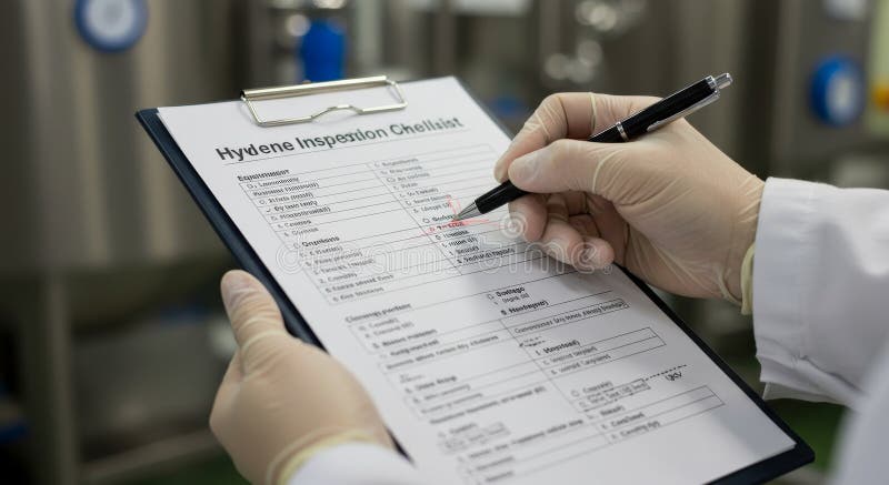 Hygiene Inspection Checklist Review Closeup of Gloved Hands Completing ...